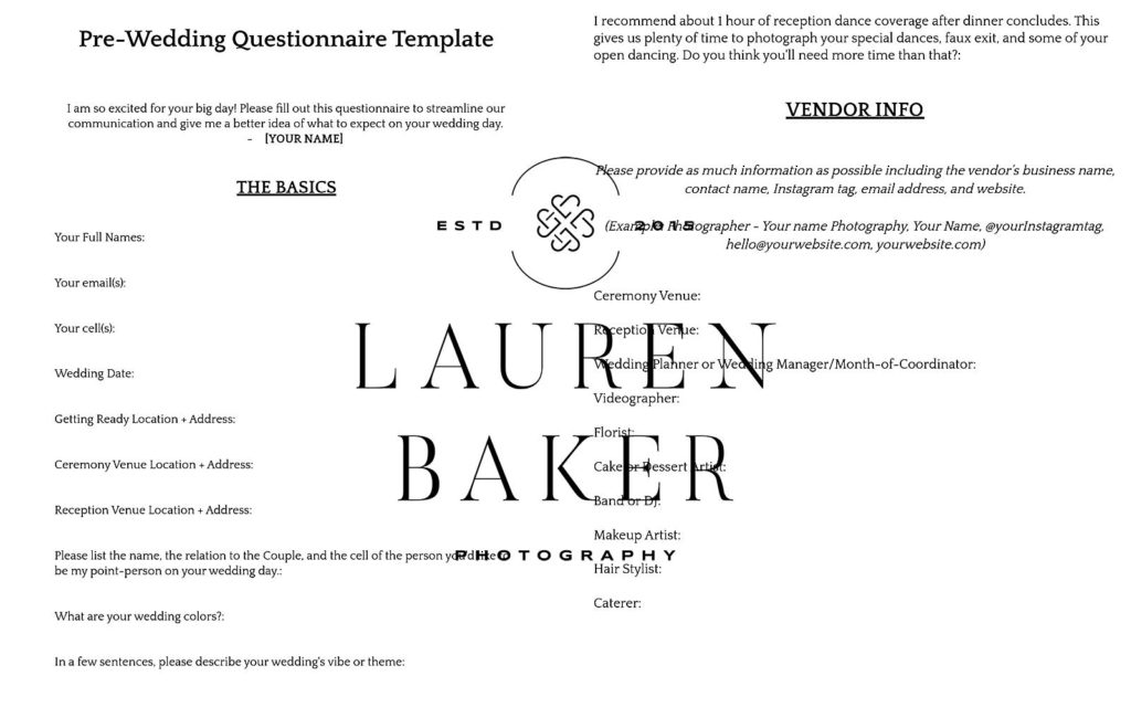 Wedding photography questionnaire template for photographers
